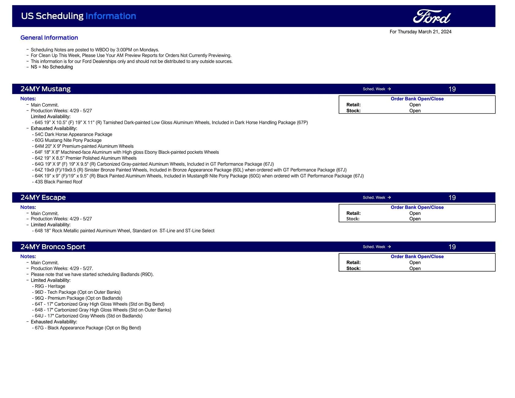 2024 Ranger Scheduling This Week (3/21/24) for Production Weeks 4/29 ...