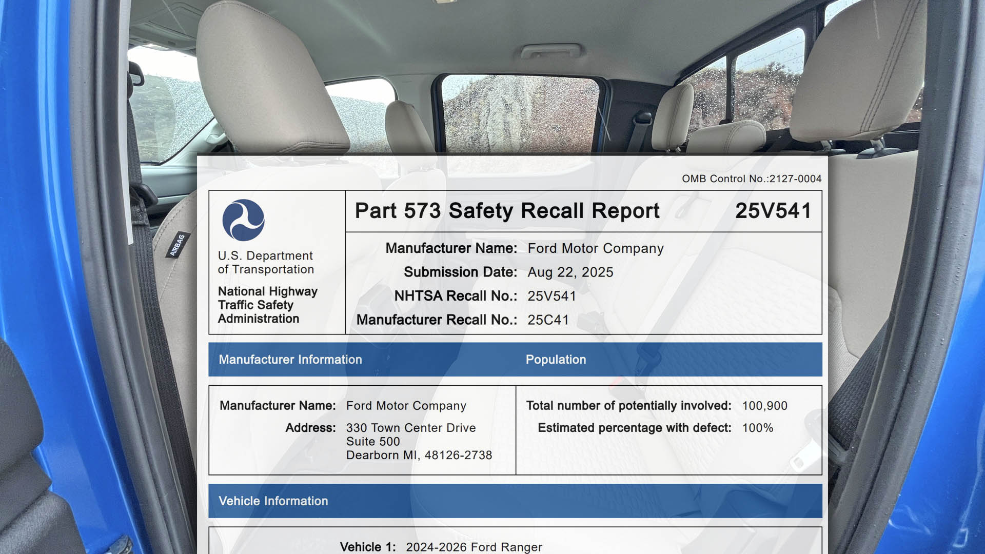 Airbag recall (side air curtain) for 2024-2026 Ranger -- 100,900 units ...